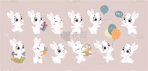 收藏可爱的小白兔宝宝，带着气球，坐着，跳着，拎着礼物，拎着篮子，把胡萝卜孤立起来。素材 花瓣网