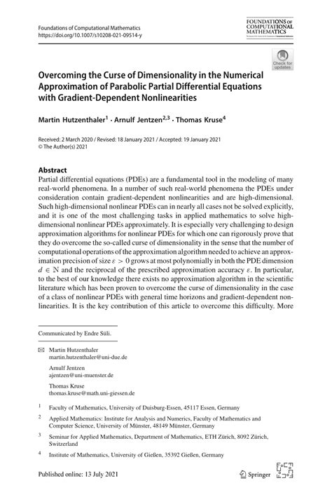 Pdf Overcoming The Curse Of Dimensionality In The Numerical Approximation Of Parabolic Partial