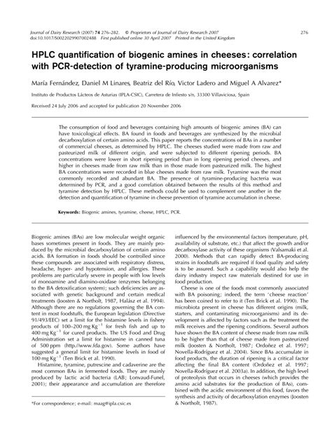 Pdf Hplc Quantification Of Biogenic Amines In Cheeses Correlation With Pcr Detection Of