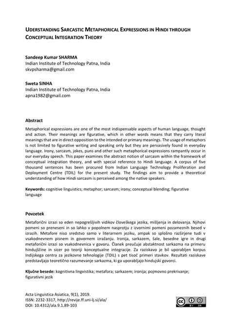 Pdf Understanding Sarcastic Metaphorical Expression In Hindi Through Conceptual Integration Theory