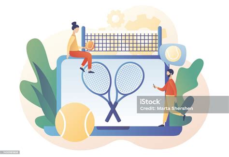 스포츠 클럽 온라인 테니스 코트 테니스 라켓 및 공 그룹 활동 훈련 챔피언십과 토너먼트 현대 플랫 만화 스타일 흰색 배경에 벡터 일러스트 레이 션 Championship에