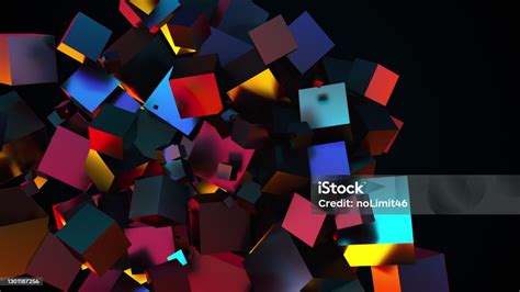 화면을 채우는 여러 가지 빛깔의 무작위 큐브 컴퓨터가 생성 3d 렌더링 네온 배경 3차원 형태에 대한 스톡 사진 및 기타 이미지