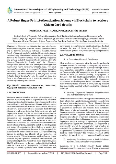 A Robust Finger Print Authentication Scheme Viablockchain To Retrieve Citizen Card Details Pdf