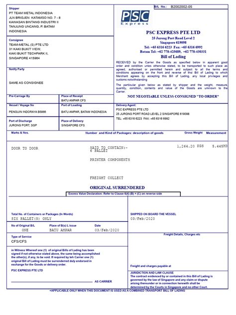 Bl Sample Pdf Cargo Bill Of Lading