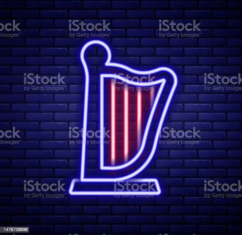 빛나는 네온 라인 하프 아이콘은 벽돌 벽 배경에 격리되어 있습니다 클래식 음악 악기 Orhestra 문자열 음향 요소 다채로운 개요 개념입니다 벡터 Classical