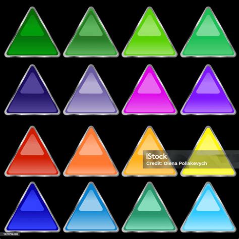 거울 효과와 채도가 낮은 색상의 삼각형의 형태로 다색 체적 버튼 검정 색 배경에 회색 선으로 된 단추입니다 벡터 그래픽 스톡 사진 개발에 대한 스톡 벡터 아트 및 기타