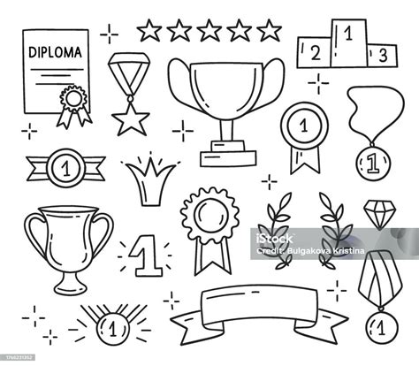 시상식 챔피언 우승자 낙서 세트 트로피 컵 메달 주문 우승자의 깃발 리본 1 위 요소 손으로 그린 낙서 1위에 대한 스톡 벡터