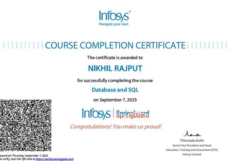 Database And Sql Certificate From Infosys Springboard Nikhil Rajput