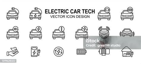 전기 자동차 기술 관련 벡터 아이콘 사용자 인터페이스 그래픽 디자인 자동차 전기 코드 충전 배터리 저음 완전 충전 센서 녹색 에너지 모터와 같은 아이콘이 포함되어 있습니다