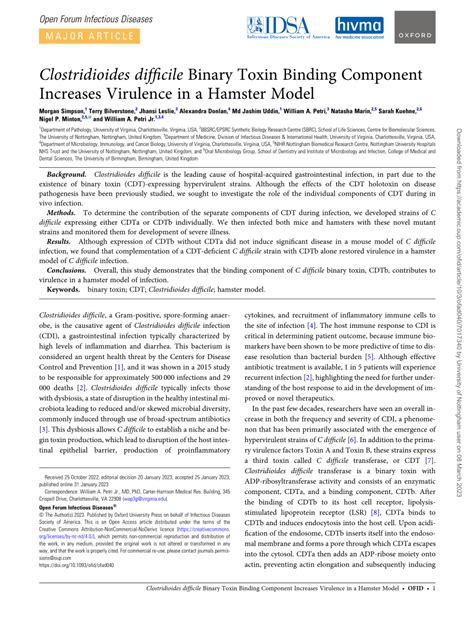 Pdf Clostridioides Difficile Binary Toxin Binding Component Cdtb Increases Virulence In A