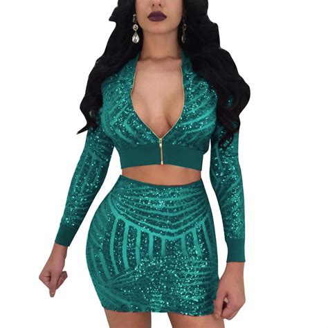 Aliexpress Com Buy Sequin Outfits Sexy Club Party Two Piece Bodycon Dresses Women Sparkly