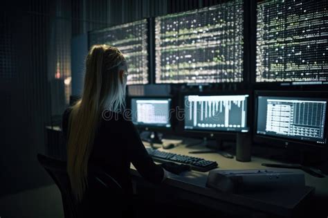 Side View Of Female Hacker Using Computer In Dark Room Blurred Background A Female Programmer
