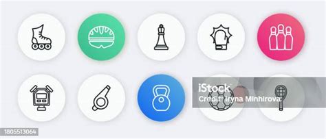 라인 무게 볼링 핀 스톱워치 축구 축구 공 펀치 권투 장갑 체스 테니스 라켓 및 휘파람 아이콘을 설정합니다 벡터 개념에 대한 스톡 벡터 아트 및 기타 이미지 Istock