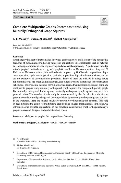 Pdf Complete Multipartite Graphs Decompositions Using Mutually Orthogonal Graph Squares List