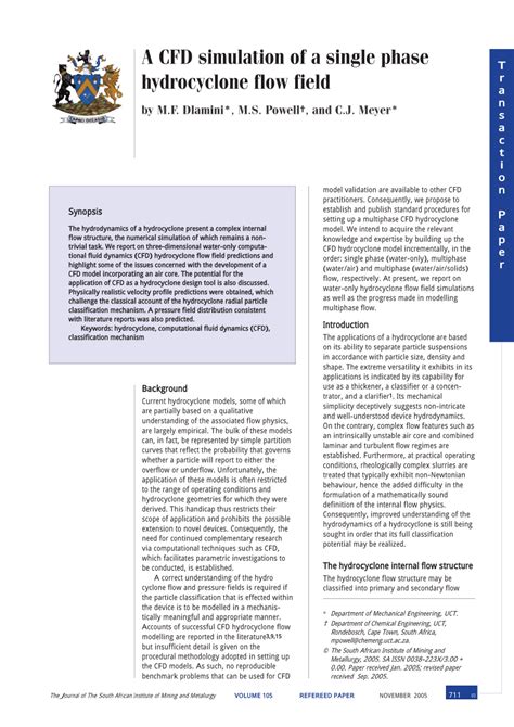 PDF A CFD Simulation Of A Single Phase Hydrocyclone Flow Field