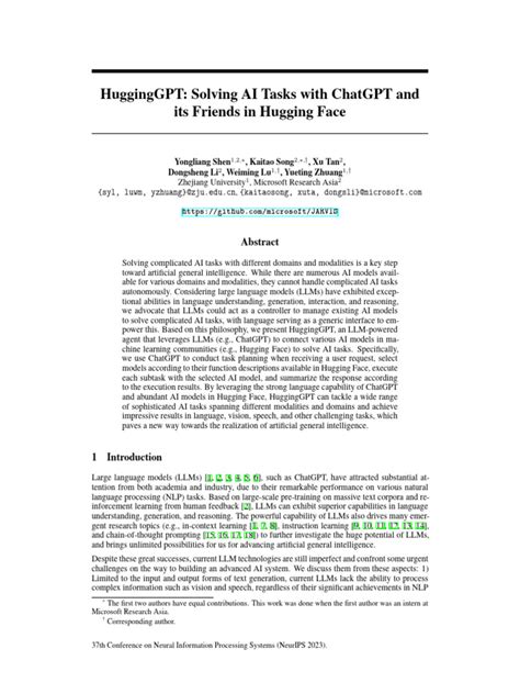 neurips 2023 hugginggpt solving ai tasks with chatgpt and its friends