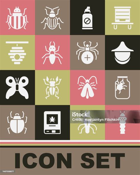 유충 곤충 거미 항아리 양봉가 모자 곤충에 대한 스프레이 개미 꿀벌 하이브 콜로라도 딱정벌레 및 아이콘을 설정합니다 벡터 감자 요리에 대한 스톡 벡터 아트 및 기타 이미지