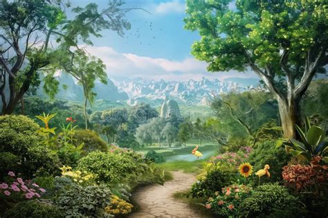 Biblical Scene Of Garden Of Eden With Adam And Eve Surrounded By Lush