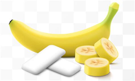 바나나 맛의 풍선껌 상쾌한 호흡을 위한 풍선껌 스피어민트 패드 건강한 치아와 치아 위생을 위한 잇몸 씹기 상쾌한 사탕 현실적인 3d 벡터 일러스트 레이 션 3차원 형태에