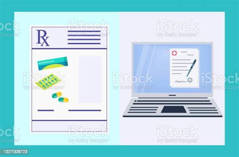 전자 처방 Rx 의료 문서의 온라인 디지털 서명 온라인 약국 의약품을 이용한 전자 양식 처방약으로 진단 및 치료에 대한 정보 벡터 0명에 대한 스톡 벡터 아트 및 기타
