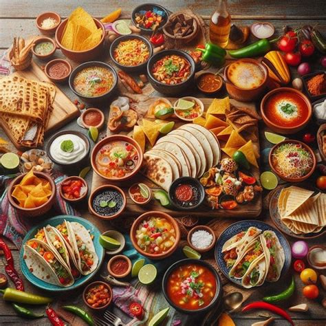 A Colorful Mexican Food Spread With Tacos Quesadillas Enchiladas Chiles