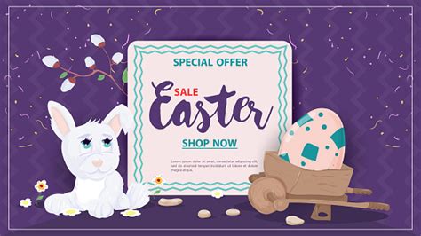 부활절 배너 판매 수레와 달걀과 토끼 옆에 텍스트 기호 평면 벡터 일러스트 레이션 용 휴일 디자인 장식 보라색 배경 개념에 대한 스톡 벡터 아트 및 기타 이미지 Istock