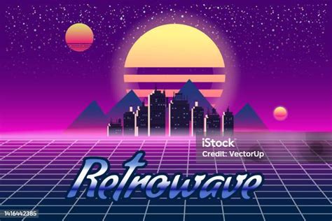 레트로 웨이브 배너 증기파 미적 배경 미래 지향적 인 도시 그리드 3d 일몰 80의 신스 웨이브 1980 1989 년에 대한