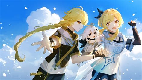 Aether Lumine Paimon White Clouds Blue Sky Background K K HD Genshin Impact Wallpapers HD