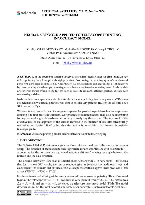 Pdf Neural Network Applied To Telescope Pointing Inaccuracy Model