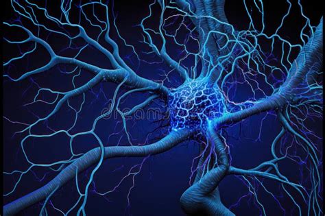 Microscopic Neuron Fractals With Blue Light Particles Generative Ai Stock Illustration