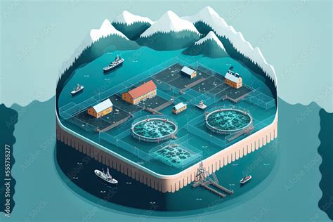 Expanding The Seafood Industry Illustration Of Salmon Farm Aquaculture Technologies With Netting