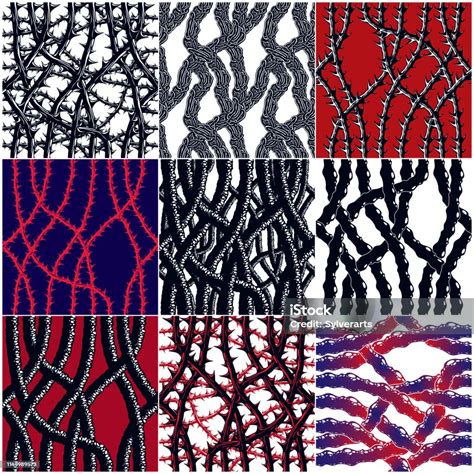 공포 예술 스타일 완벽 한 패턴 세트 벡터 배경 컬렉션입니다 하드 록과 중 금속 서브 컬쳐 음악 섬유 패션 세련 된 디자인 검은 가시가 가시와 얽힌 뿌리 세련 된 끝 없는