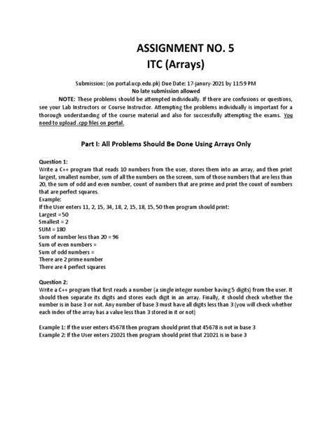 Assignment No 5 Itc Arrays Part I All Problems Should Be Done