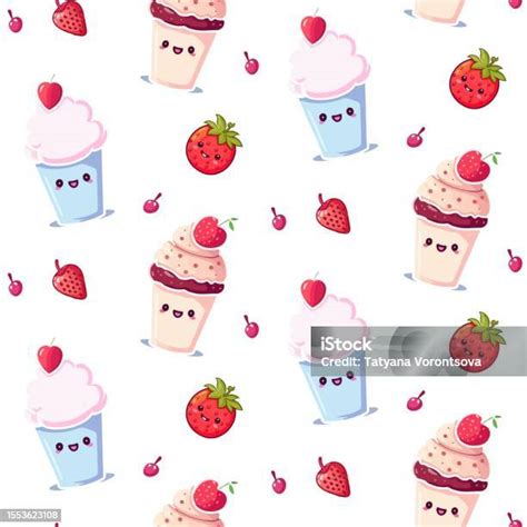 흰색 배경에 다양한 아이스크림 콘과 딸기가 있는 귀여운 벡터 패턴 맛이 가미된 빙과에 대한 스톡 벡터 아트 및 기타 이미지 맛이 가미된 빙과 패턴 0명 Istock