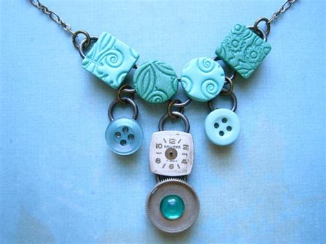 Assemblage Necklace From Upcycled Watch Parts Vintage Buttons And My Polymer Clay Tiles How