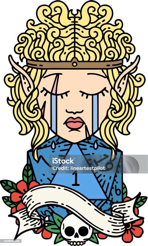 레트로 문신 스타일 우는 엘프 야만인 캐릭터 얼굴 자연 하나 D20 롤 꼬마 요정에 대한 스톡 벡터 아트 및 기타 이미지