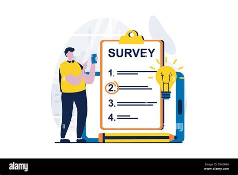 Online Survey Concept With People Scene In Flat Cartoon Design Man Answers Questions From