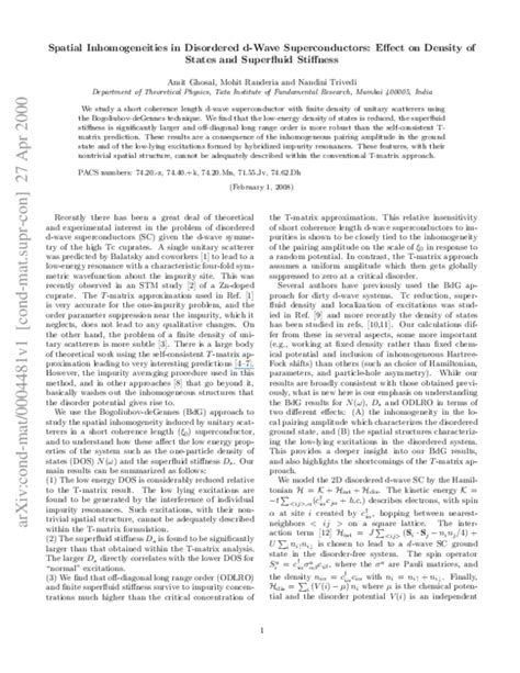 Pdf Spatial Inhomogeneities In Disordered D Wave Superconductors