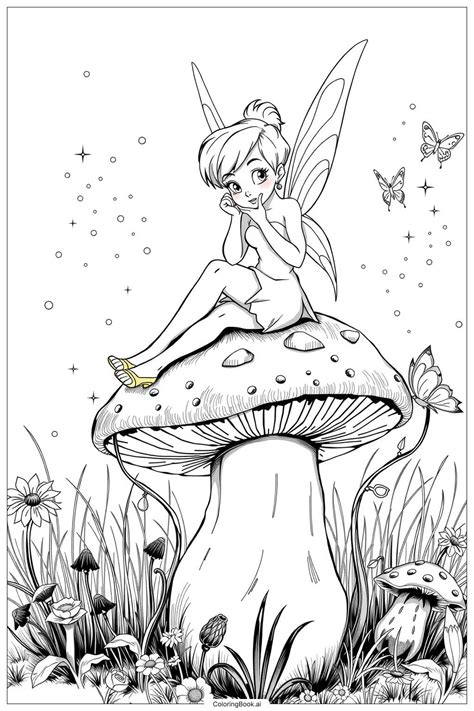Tinkerbell Resting On A Mushroom 2 Coloring Page Free Pdfandpng Printable