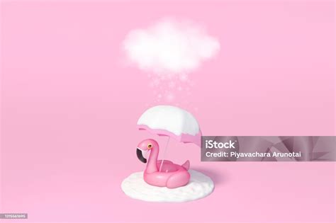 핑크 플라밍고 는 분홍색 배경 3d 렌더링에 눈송이 구름 아래 우산과 풍선 수영장 링을 플로트 3d 렌더링 3d 일러스트 여름과 장마 시즌 인사말 카드 템플릿 최소한의 개념