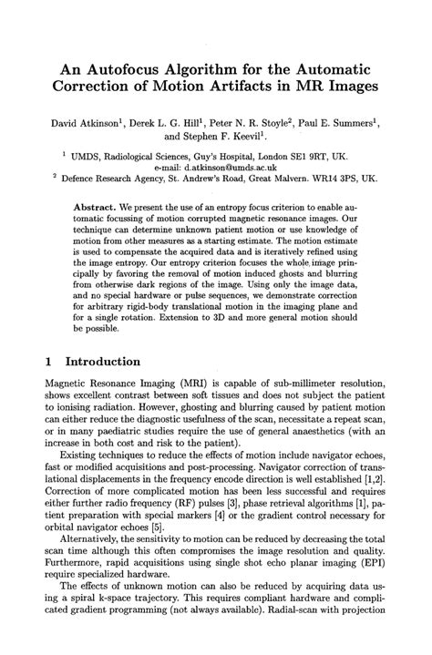 Pdf An Autofocus Algorithm For The Automatic Correction Of Motion Artifacts In Mr Images