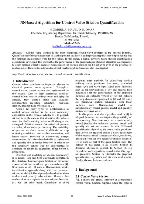 Pdf Nn Based Algorithm For Control Valve Stiction Quantification