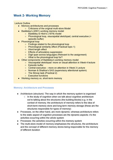 Psyu2246 Wk 2 Lecture Notes Week 2 Working Memory Lecture Outline Memory Architectures And