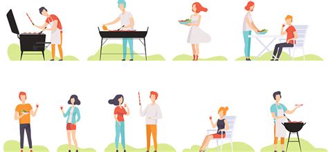 그릴에 바베큐를 굽는 사람들 남자와 여자데 야외 바베큐 파티 벡터 일러스트 레이션 에 A 흰색 배경 건강한 식생활에 대한 스톡