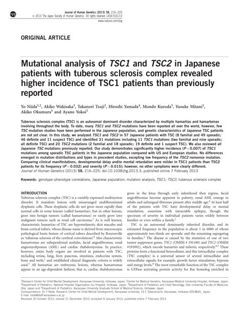 Pdf Mutational Analysis Of Tsc1 And Tsc2 In Japanese Patients With Tuberous Sclerosis Complex