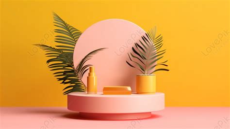 야자수 잎 그림자가 있는 원통형 연단 화장품 스탠드의 생생한 노란색 및 분홍색 3d 렌더링 화장 배경 연단 배경 제품 디스플레이 배경 이미지 Hd 화장 연단 제품