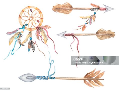 수채화 드림 캐쳐 보호 화살표 일러스트 세트 깃털 클립 아트 베이비 샤워 그래픽 카드 만들기 태그 웨딩 멕시코에 대한 스톡 벡터 아트 및 기타 이미지 Istock