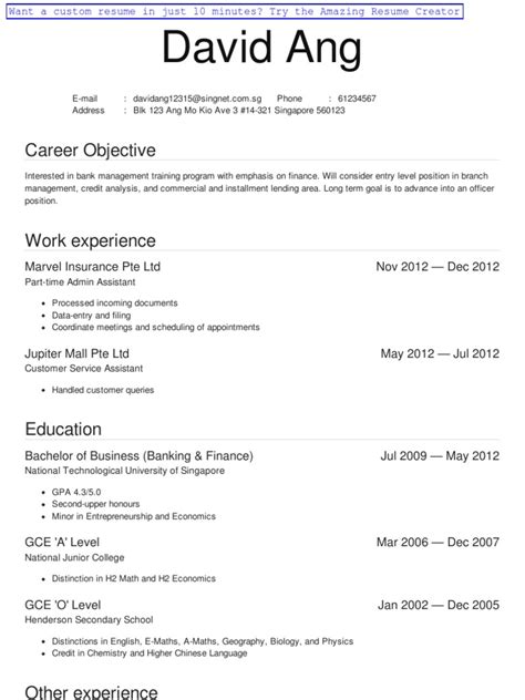 Singapore Resume Sample David Ang Pdf