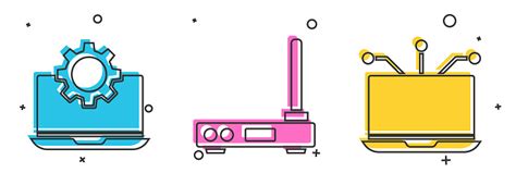 랩톱 과 기어 라우터 와이파이 신호와 노트북 아이콘을 설정합니다 벡터 공란에 대한 스톡 벡터 아트 및 기타 이미지 공란