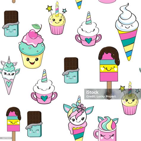 화이트 백그라운드 매끄러운 패턴의 초콜릿 아이스크림 눈과 과자를 곁들인 컵케이크 귀여운에 대한 스톡 벡터 아트 및 기타 이미지 귀여운 낙서 드로잉 냉동식품 Istock